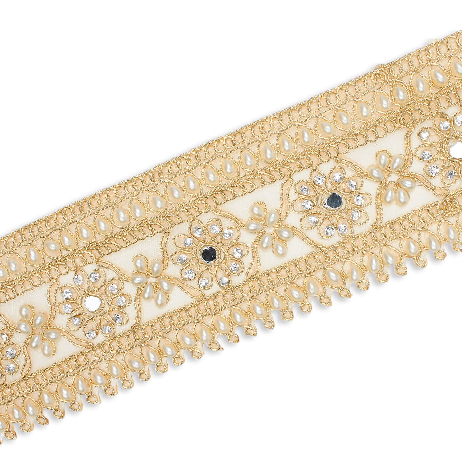 2.5 Inch Daisy Flower Rhinestone Beaded Metallic Cording On Mesh Lace ...