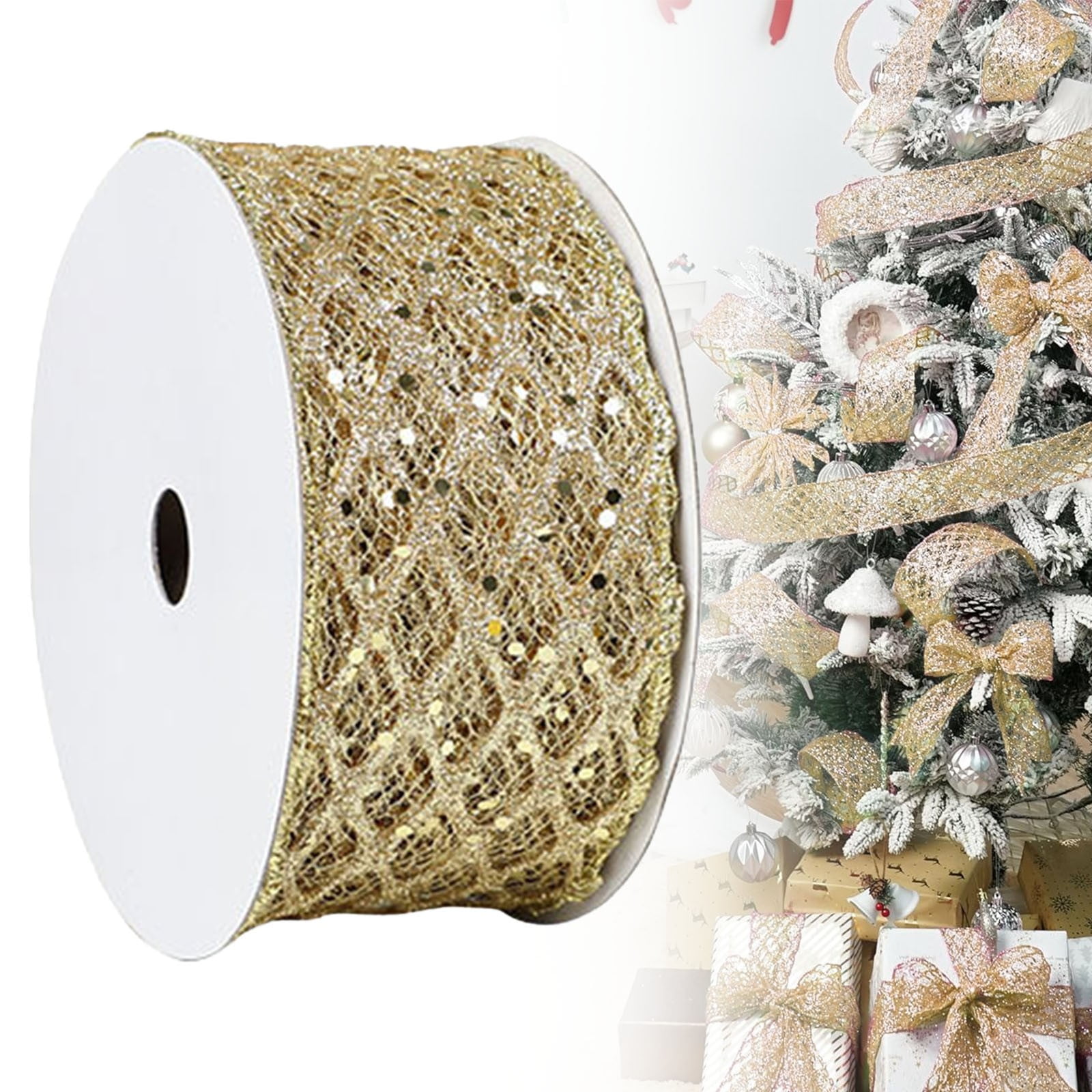 2.5 Inch Gold Glitter Diamond Mesh Wired Ribbon, 10 Yards Christmas ...