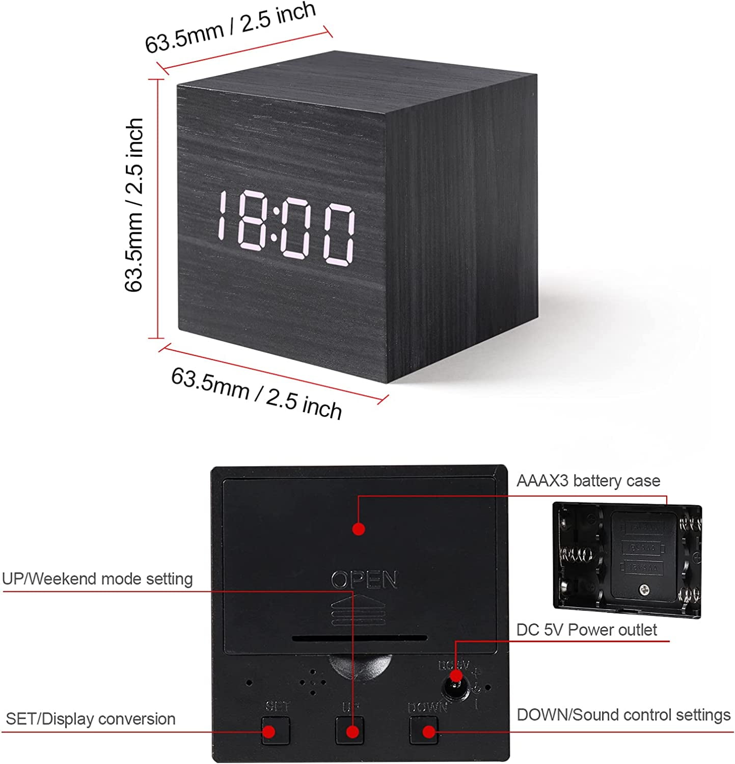 2.5-Inch Mini Digital Alarm Clock, Wooden Cubic Sound-Controlled Table ...