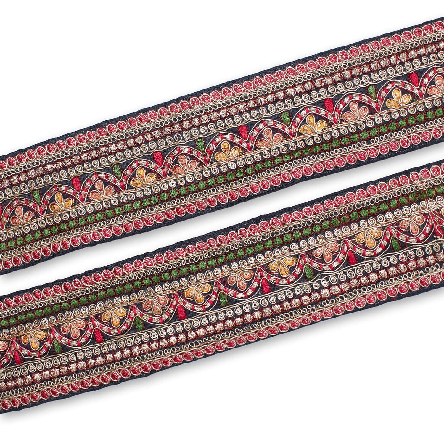 2.5 Inch Multicolored Floral Metallic Embroidered Plain Woven Corded ...