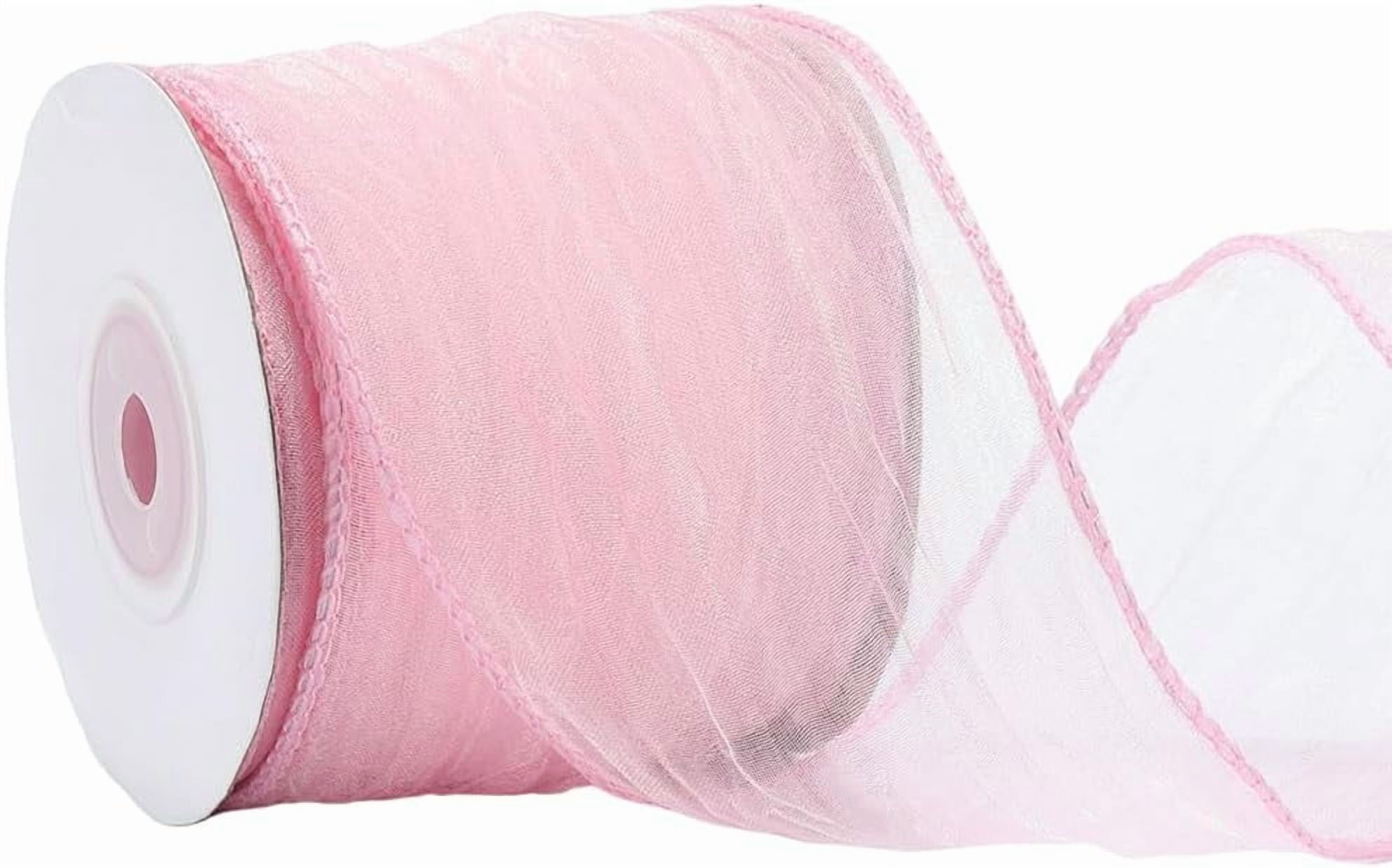 2.5 Inch Pink Sheer Organza Ribbon Soild Glitter Metallic Crinkle ...
