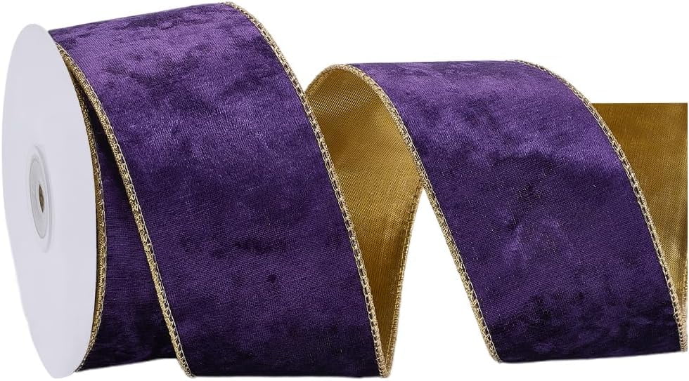 2.5 Inch Purple Velvet Ribbon Wide Gold Edge Ribbon Soft Metallic ...