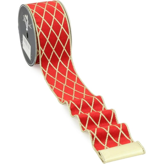 2.5 Inch Red and Gold Velvet Wired Ribbon Metallic Diamond Glitter Grid Ribbon for Tree Gift ...