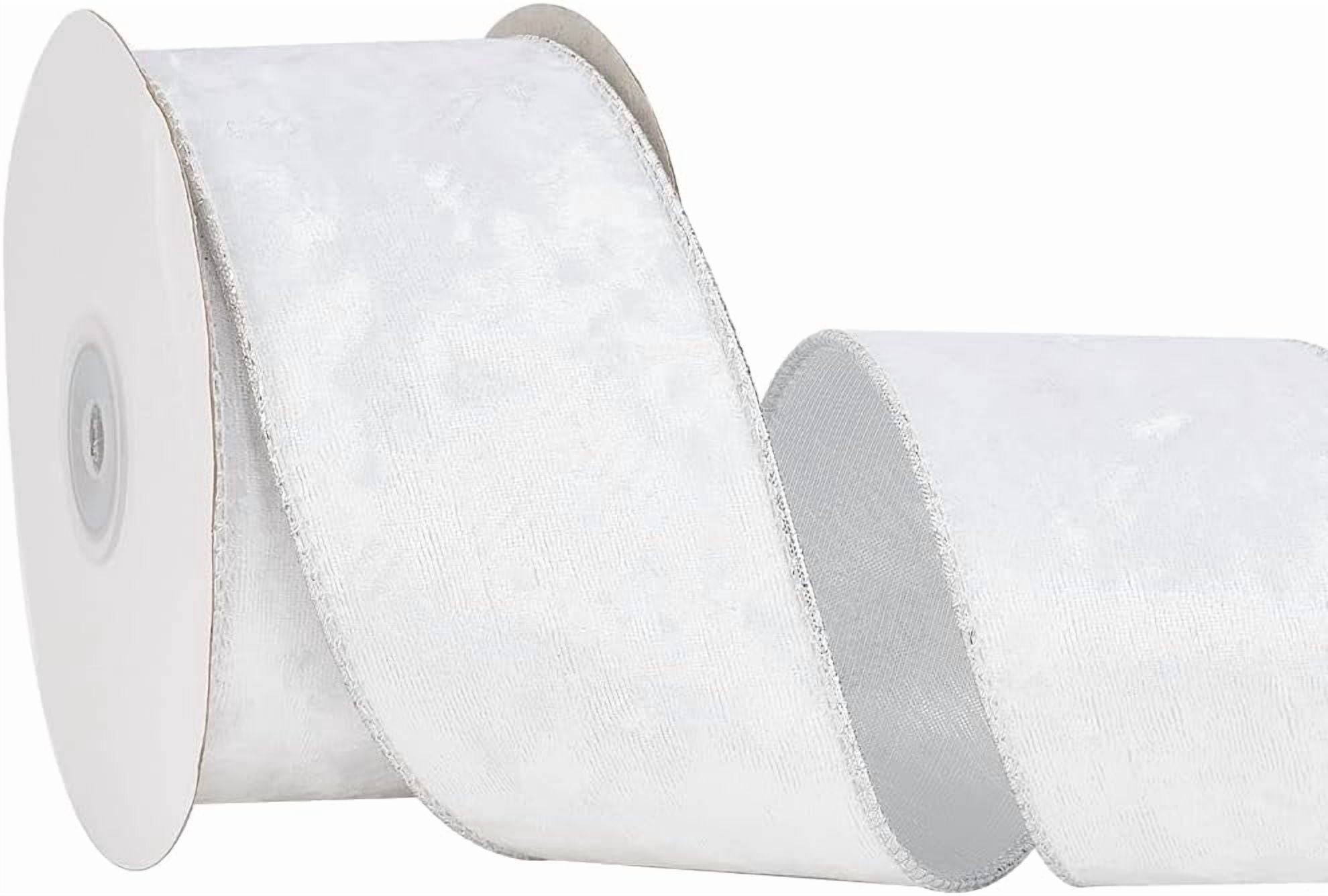 2.5 Inch White Velvet Ribbon Wired Silver Edge Metallic Glitter Single ...