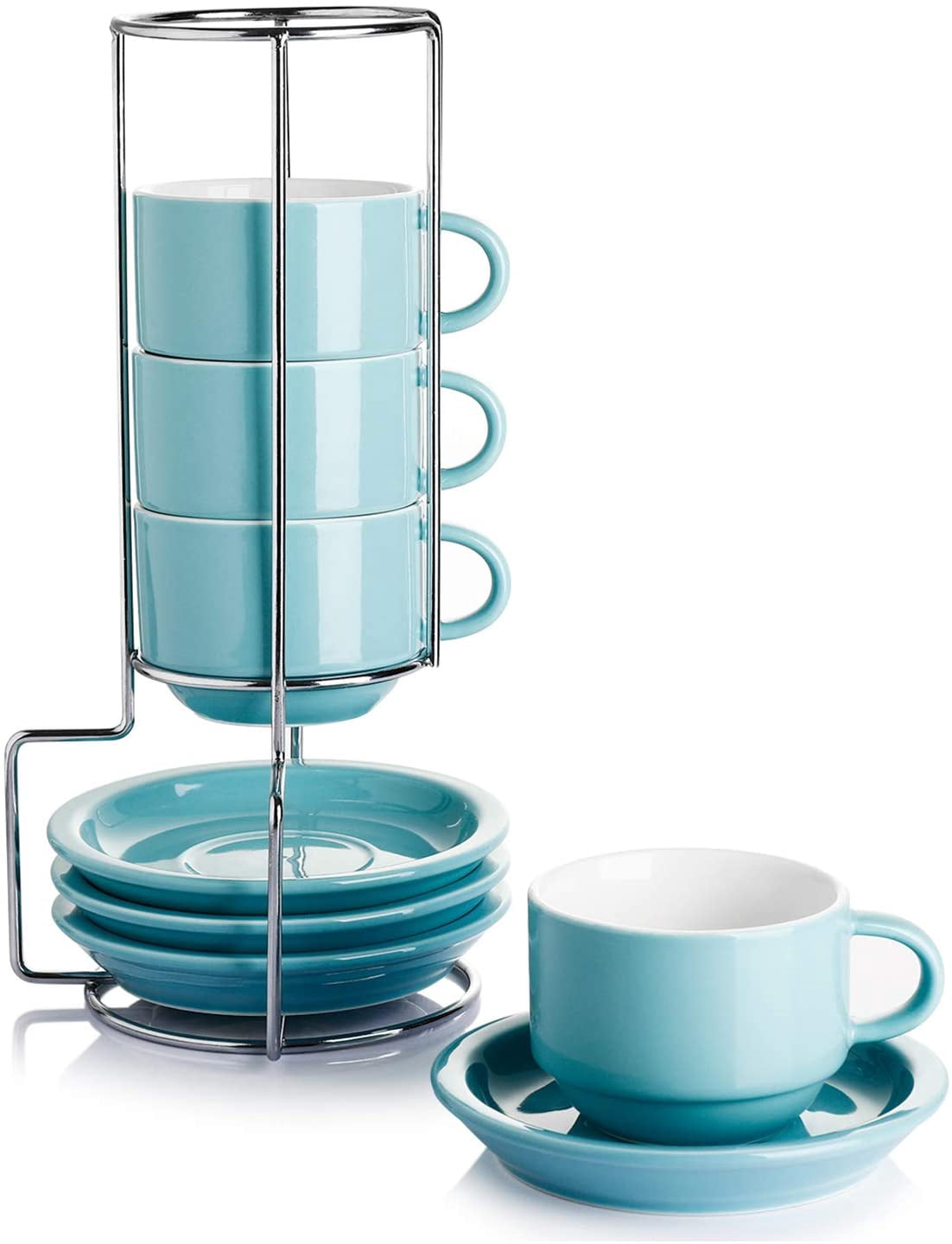 2.5 Ounce Porcelain Stackable Espresso Cups with Saucers and Metal ...