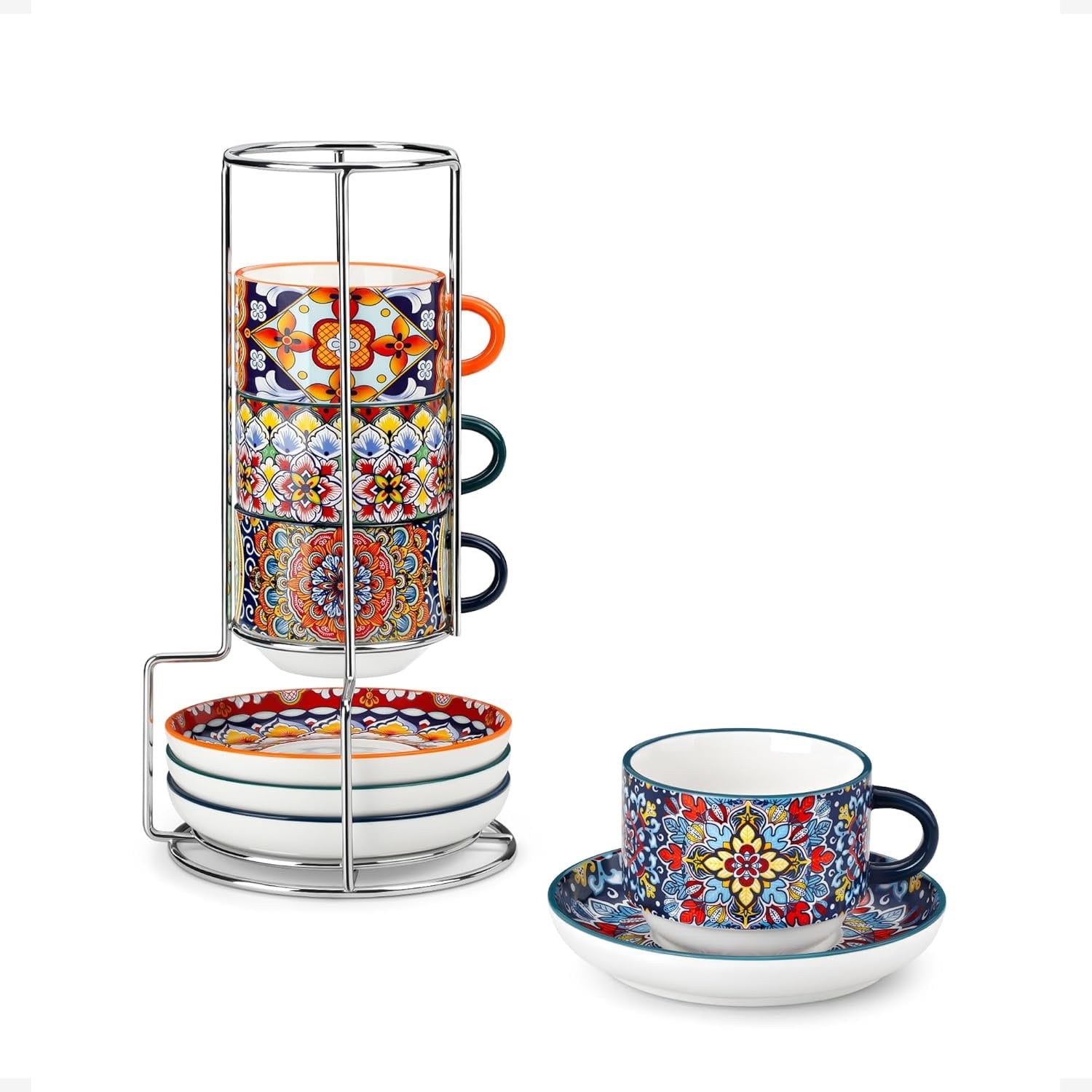 2.5 Oz Stackable Espresso Cups with Saucers and Metal Stand Set of 4 ...