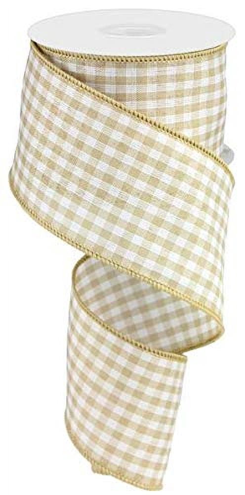 2.5" Wide Gingham Check Wired Ribbon White and Tan (50 Yards = 150 Feet ...