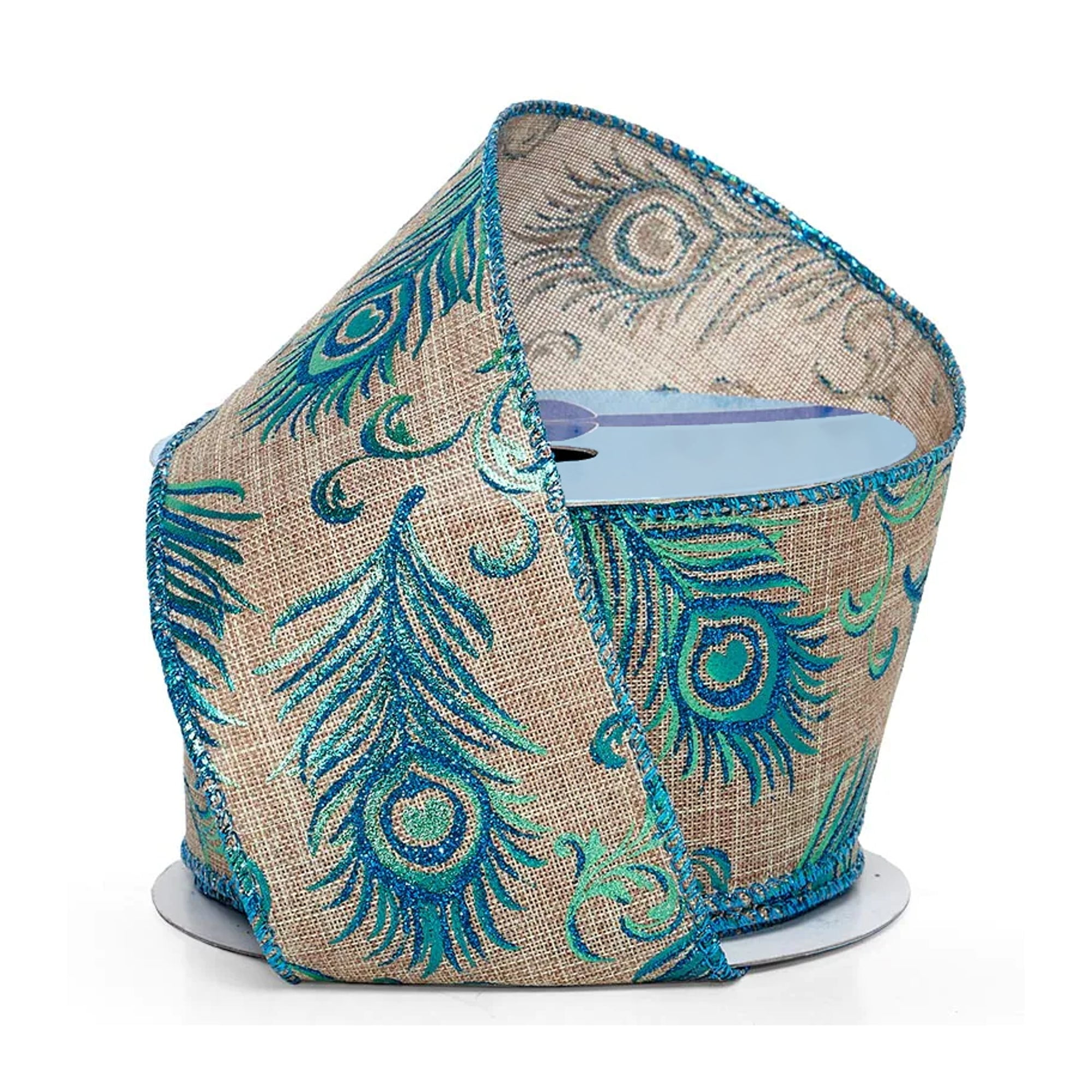 2.5" Wide Metallic Peacock Feather On Natural Wired Ribbon - 10 Yards ...