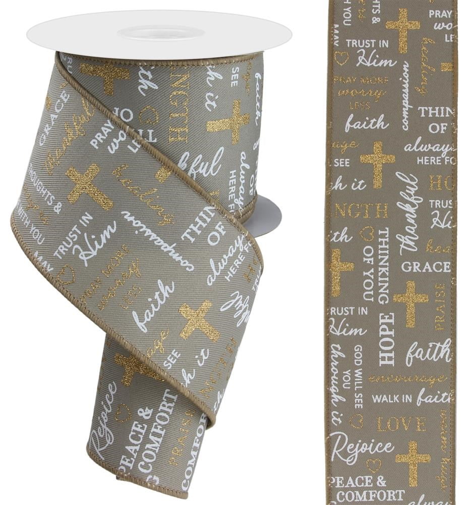 2.5"X10yd Words of Comfort On Diagonal Tan Wired Edge Ribbon - Walmart.com