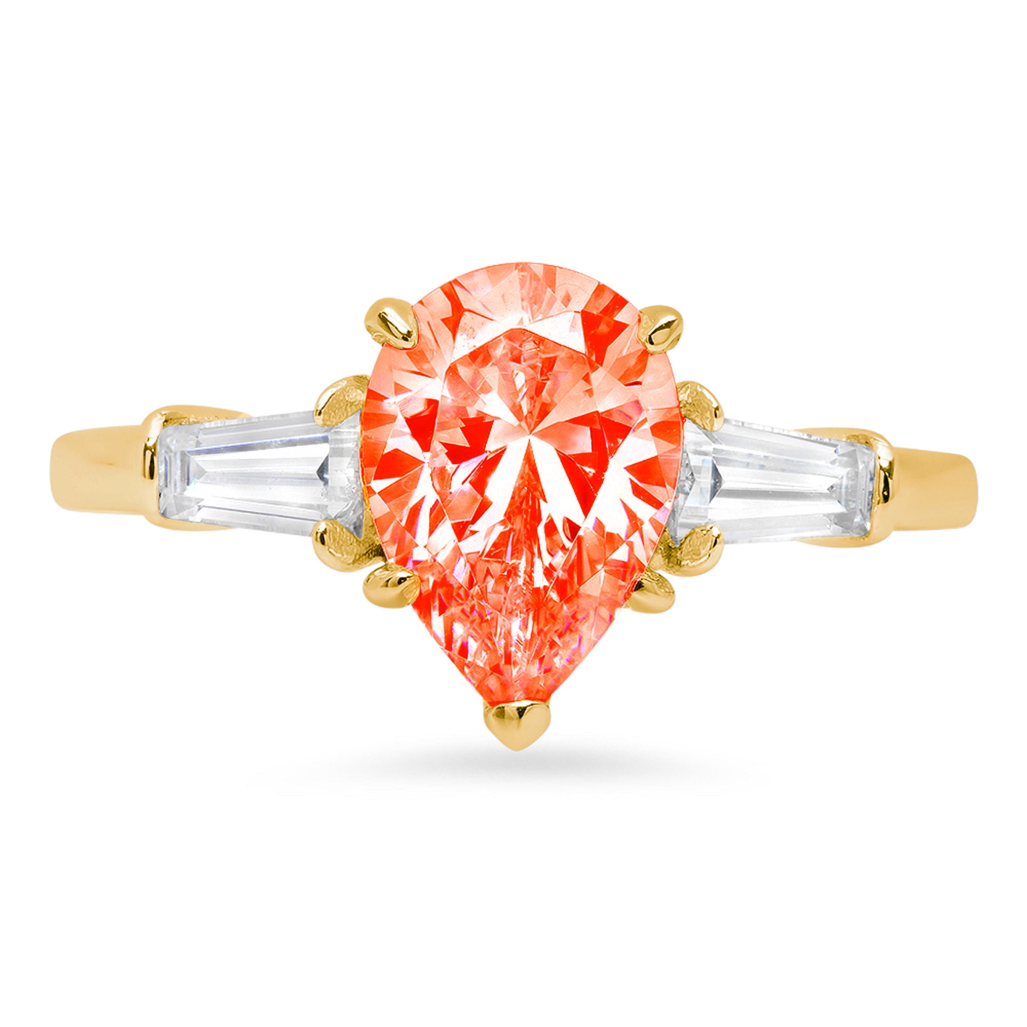 2.5 ct Pear Cut Simulated Red Diamond 3 Stone 14K Yellow Gold Womens ...