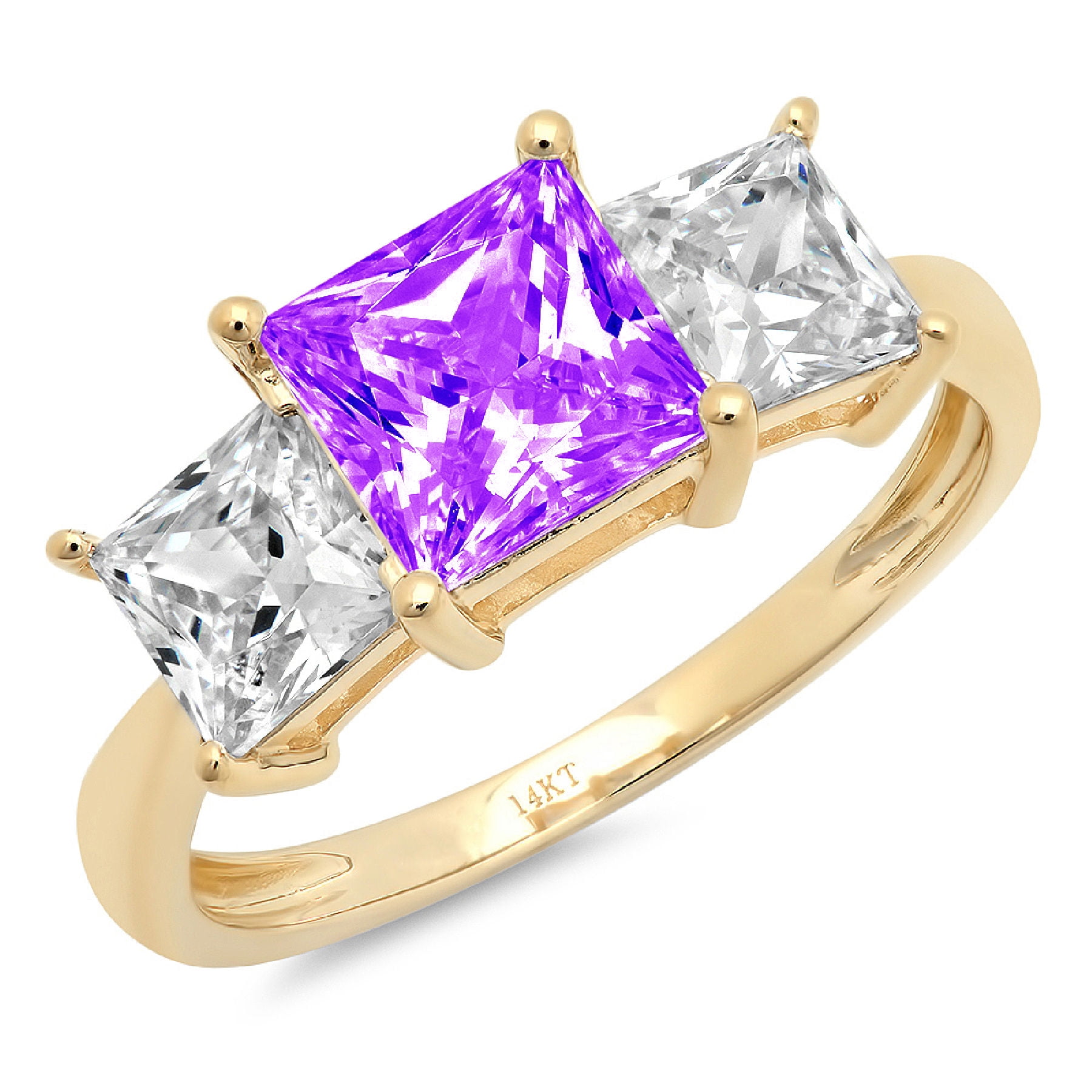 2.5 ct Princess Cut Natural Amethyst 3 Stone 14K Yellow Gold Womens ...