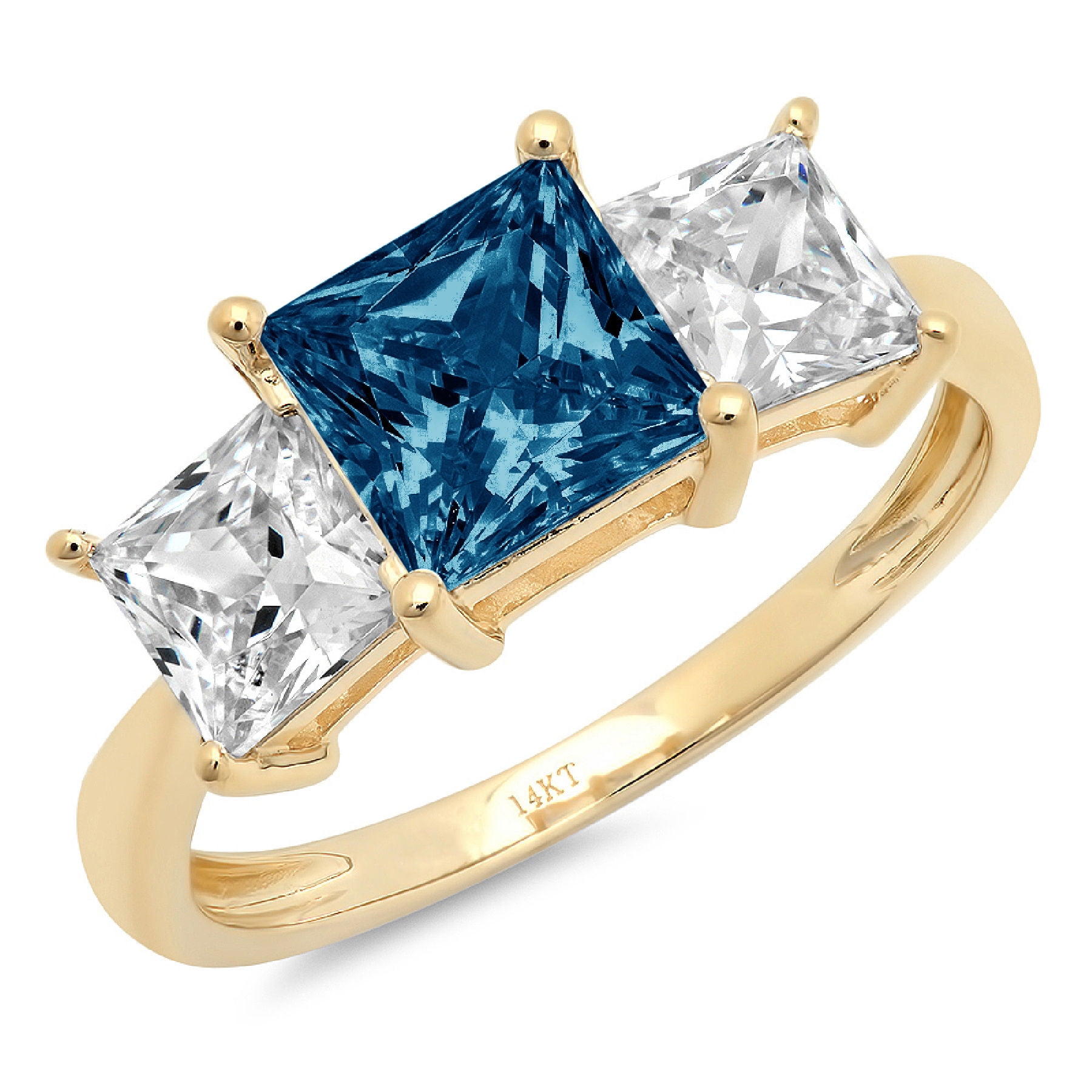 2.5 ct Princess Cut Natural London Blue Topaz 3 Stone 14K Yellow Gold Womens Engagement Ring ...