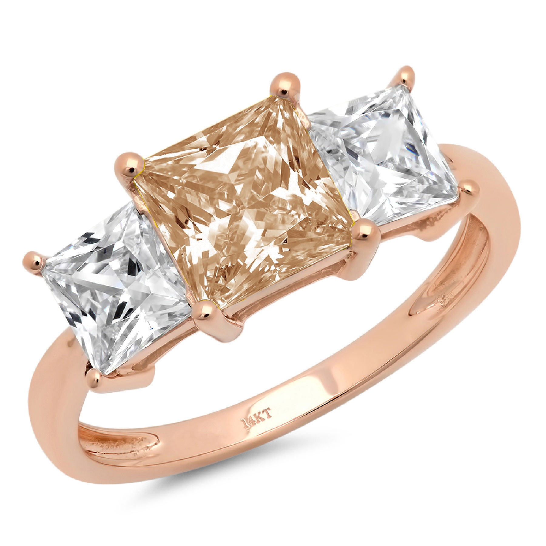 2.5 ct Princess Cut Simulated Champagne Diamond 3 Stone 14K Rose Gold ...