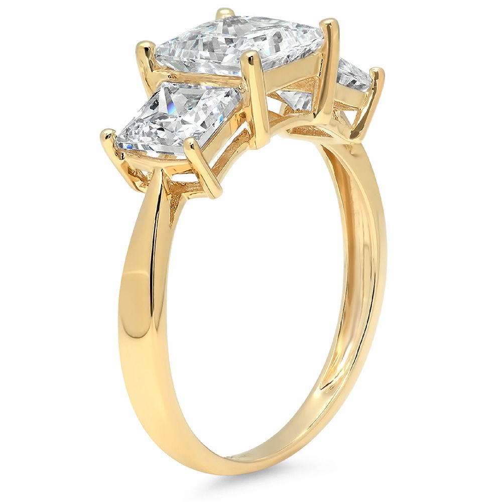 2.5 ct Princess Cut Simulated Diamond Three-Stone Engagement Ring for Women in 14K Yellow Gold ...