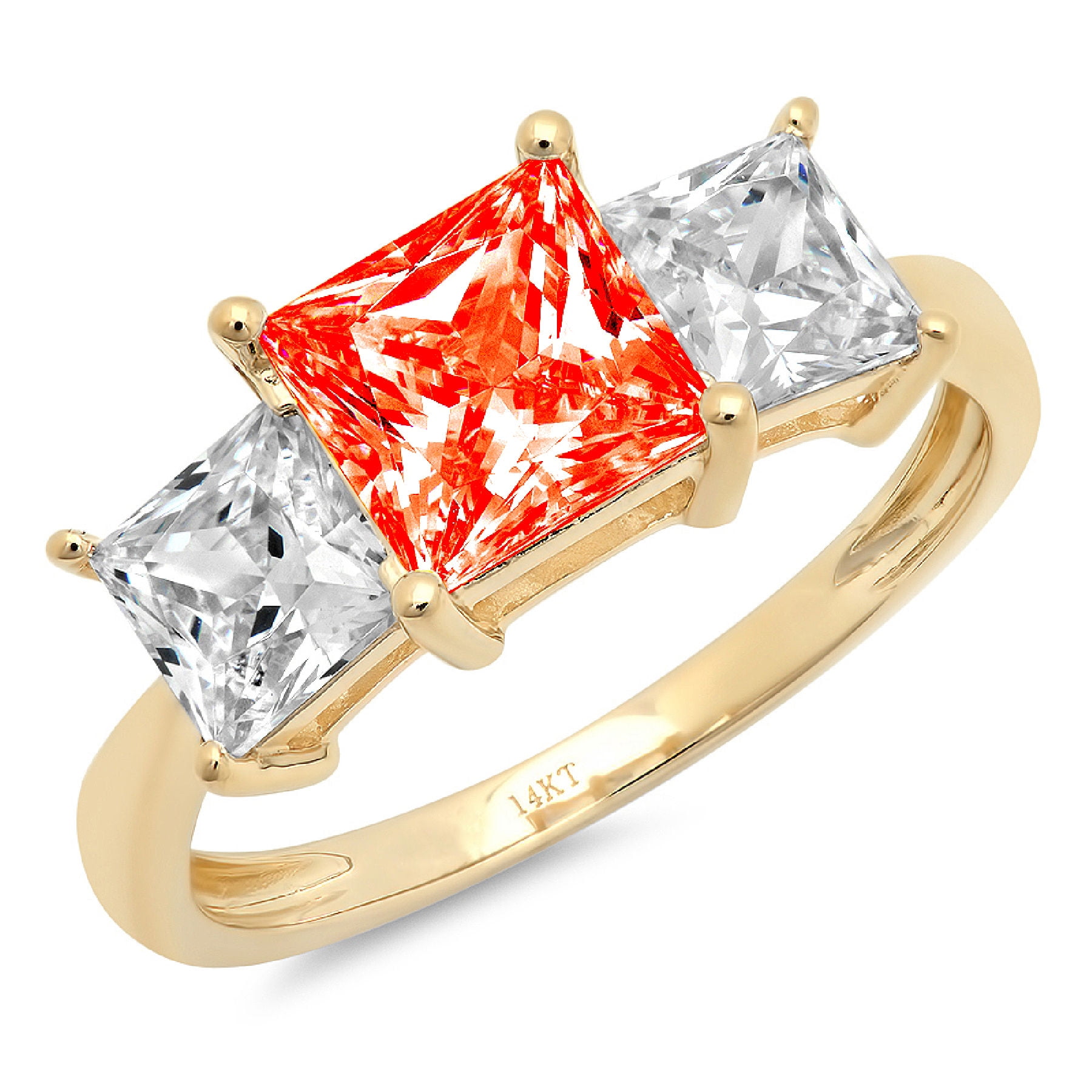 2.5 ct Princess Cut Simulated Red Diamond 3 Stone 18K Yellow Gold ...
