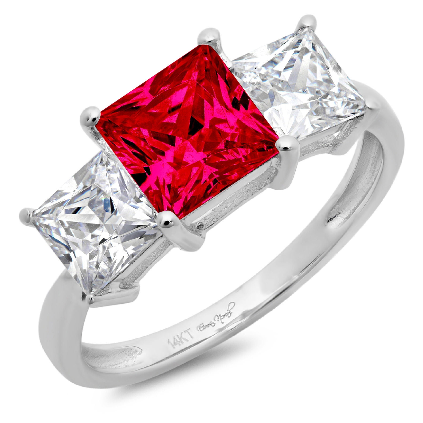 2.5 ct Princess Cut Simulated Ruby 3 Stone 14K White Gold Womens ...