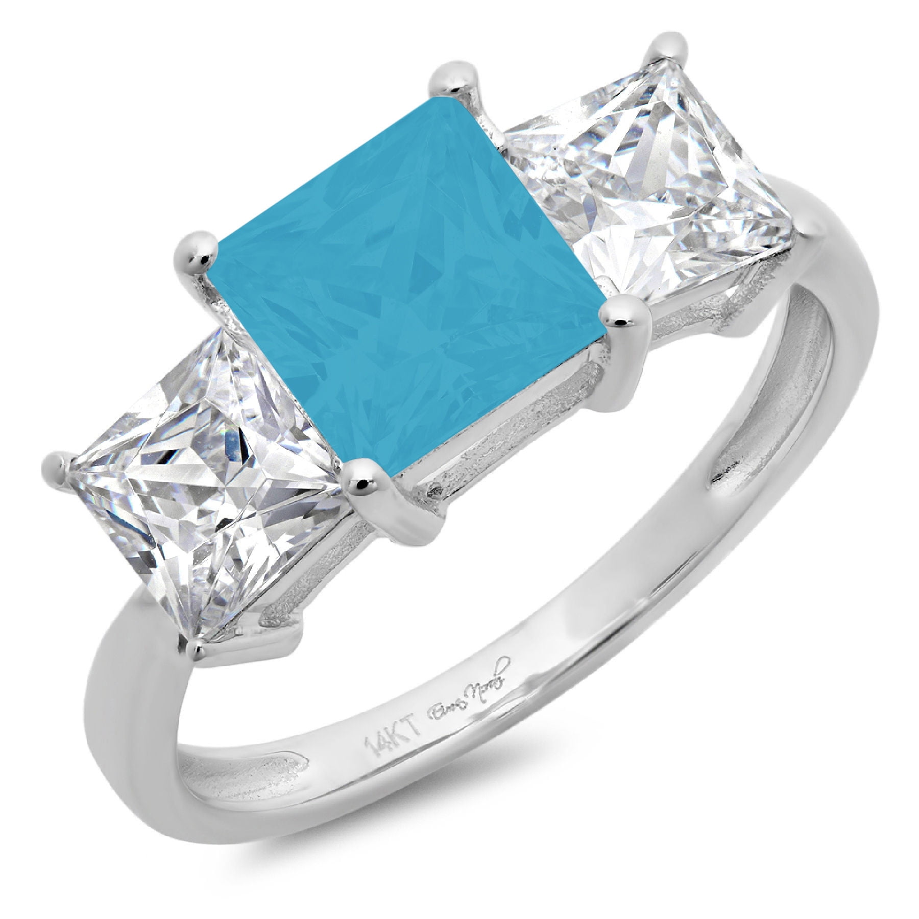 2.5 ct Princess Cut Simulated Turquoise 3 Stone 18K White Gold Womens ...