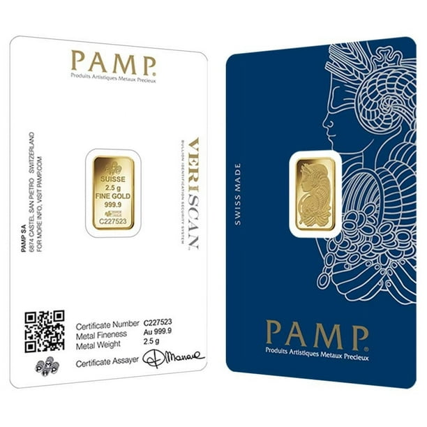 2.5 gram Gold Bar PAMP Suisse Lady Fortuna Veriscan .9999 Fine (in ...