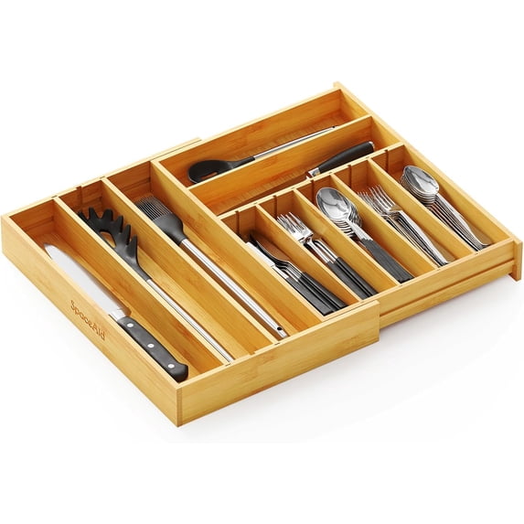 2.5-inch high bamboo silverware drawer organizer with labels, kitchen ...