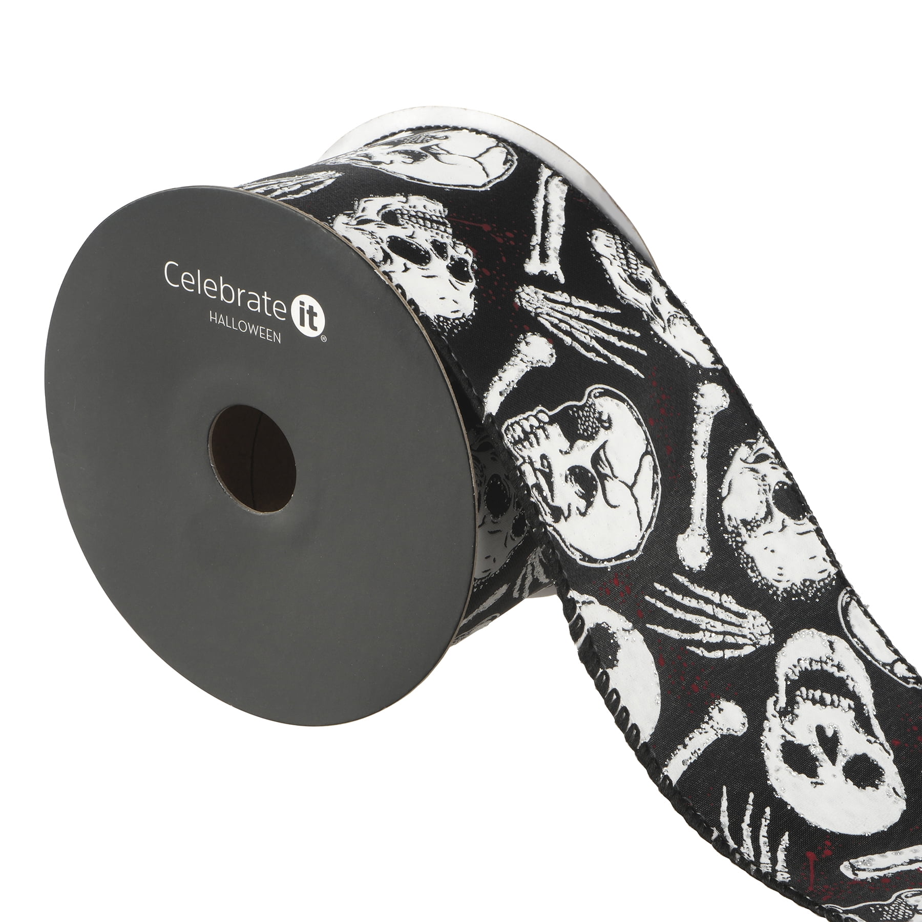 2.5" x 20ft. Black & White Wired Skeleton Head Ribbon by Celebrate It ...