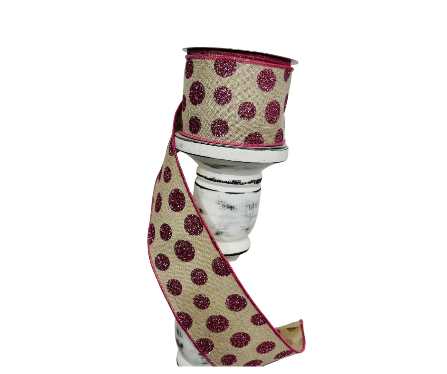 2.5"x10YD Glitter Polka Dots on Natural Ribbon - Pink/Natural ...