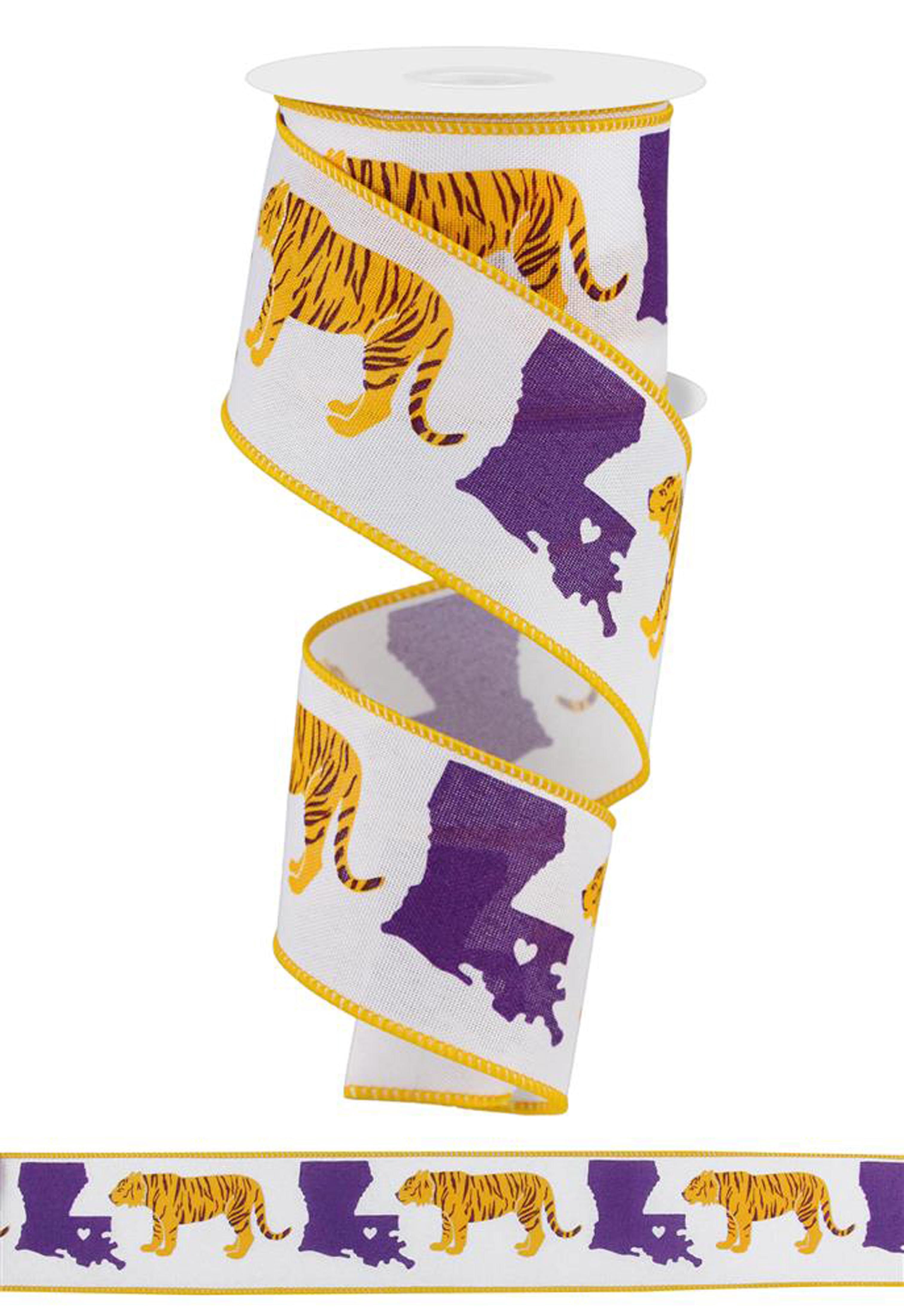 2.5" x10yd LSU Themed Ribbon with Tiger and Louisianna State on White ...
