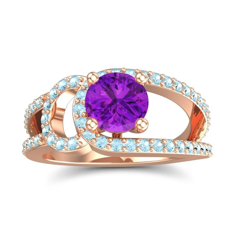 2.50 Carat Round Cut Amethyst & Aquamarine Gemstone New Wedding Ring for Ladies Solid 14K Rose ...