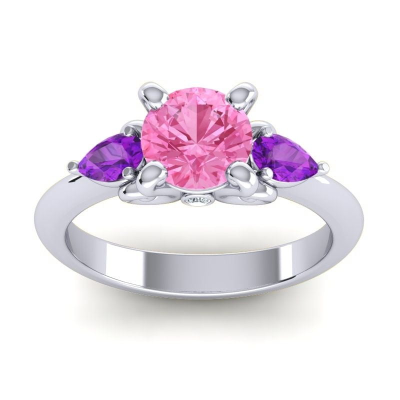 2.50 Carat Shiny Round Cut Pink Sapphire & Amethyst Gemstone Engagement Ring for her Solid 18K ...