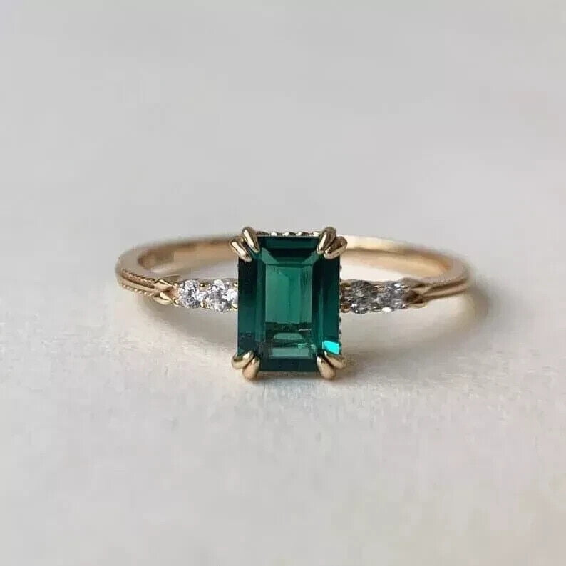 2.50Ct Emerald Cut Lab-Created Green Emerald Engagement Ring 14K Yellow ...