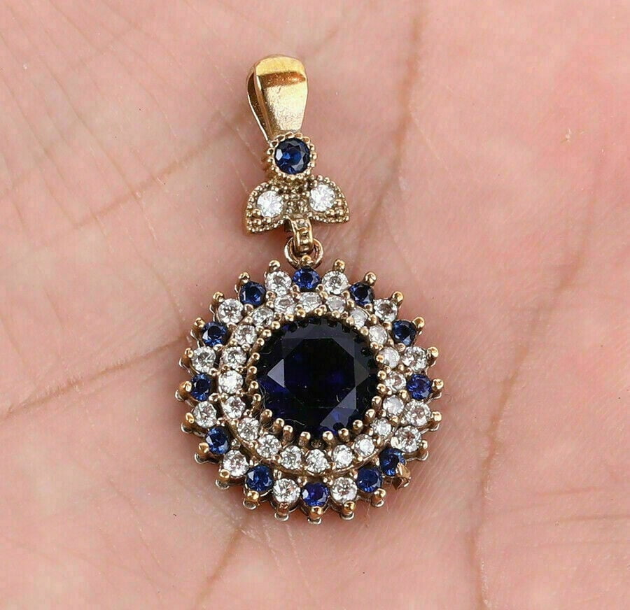 2.50Ct Round Cut Blue Sapphire Women's Pendant 14K Yellow Gold Over ...