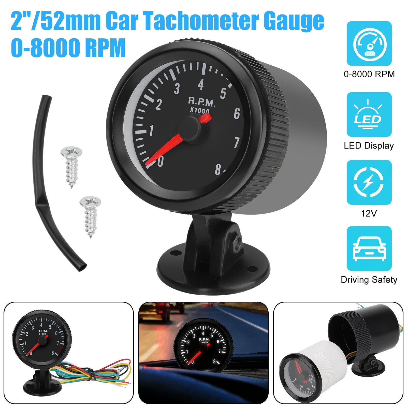 2" 52mm 12V Car Tachometer Gauge Meter 0-8(x1000) RPM LED Night Vision ...