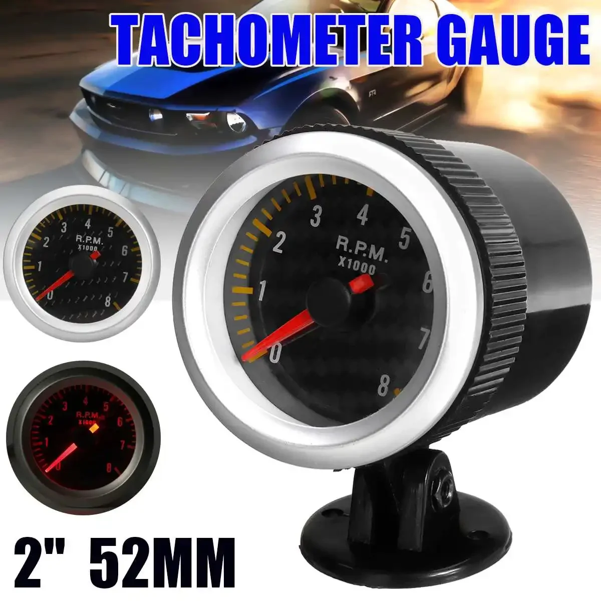 2" 52mm Tachometer Gauge Universal 12V Yellow LED 0~8000RPM Car Tach ...
