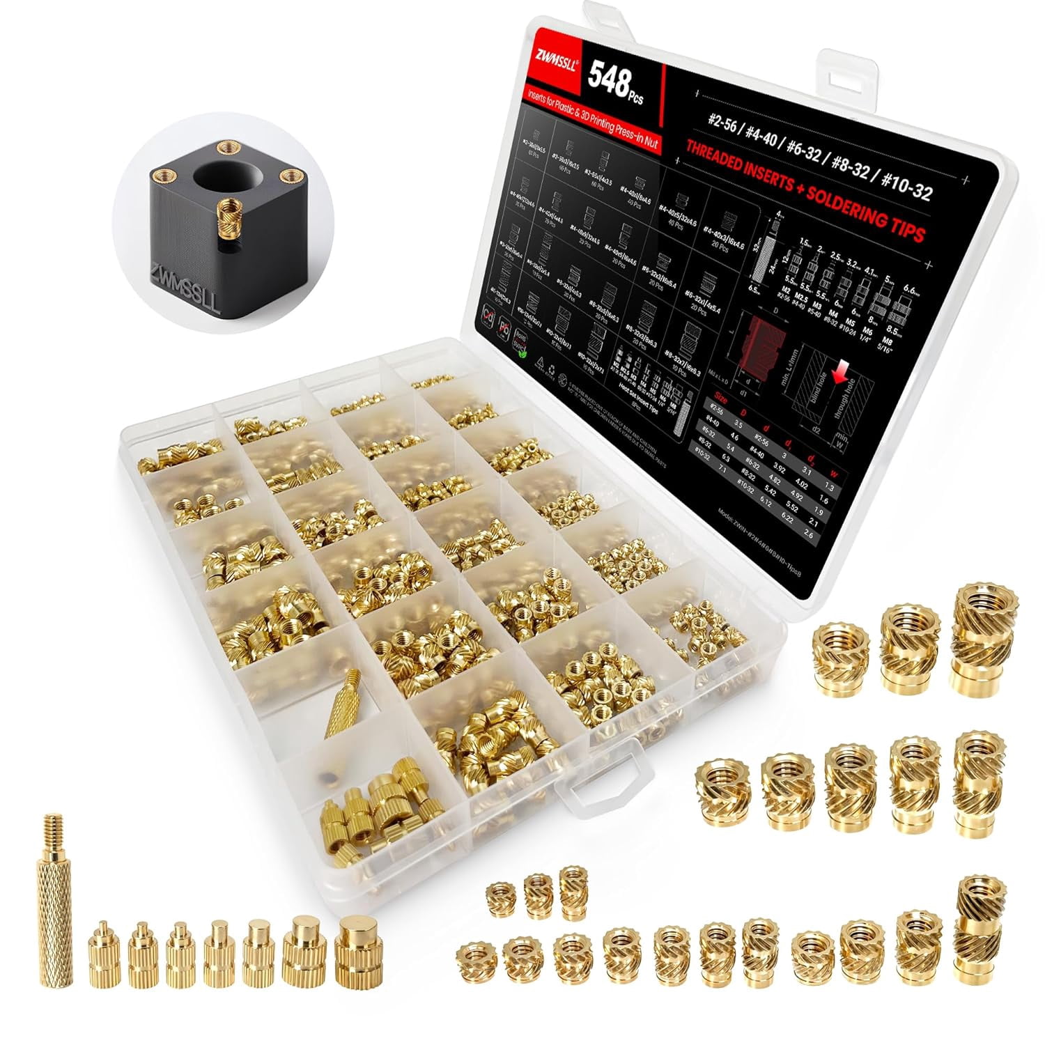#2-56#4-40#6-32#8-32#10-24 Threaded Inserts-548 Pieces Assortment Kit+ ...