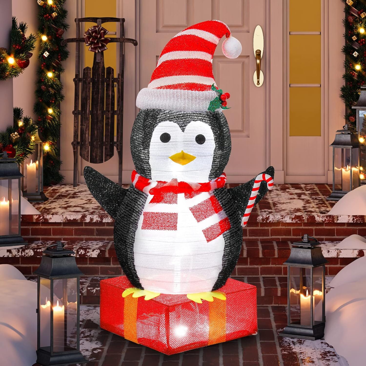 2.5FT Collapsible Christmas Penguin with Striped Hat, Light Up ...