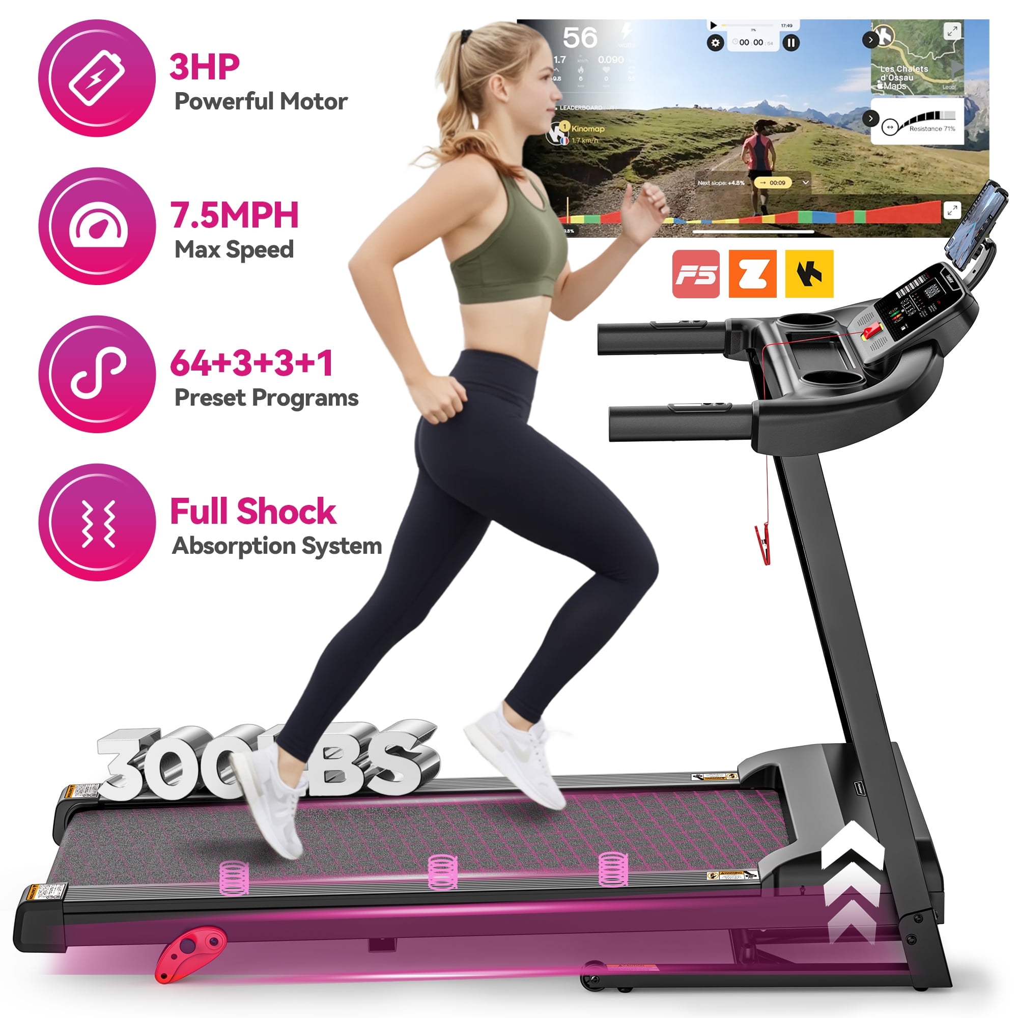 2.5HP Foldable Incline Treadmill with 300LBS Weight Capacity, 71 Preset ...