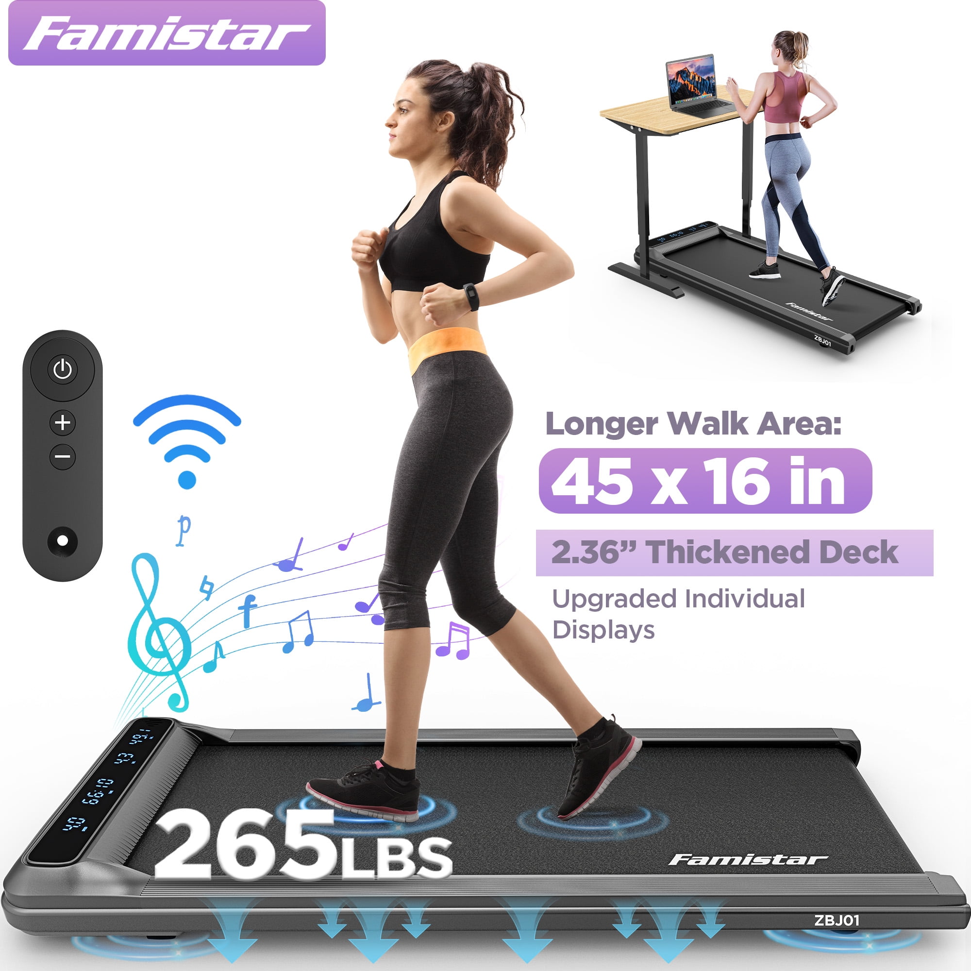 Famistar 2-in-1 Under Desk Treadmill, 45*16 Walking Pad, HiFi Bluetooth ...