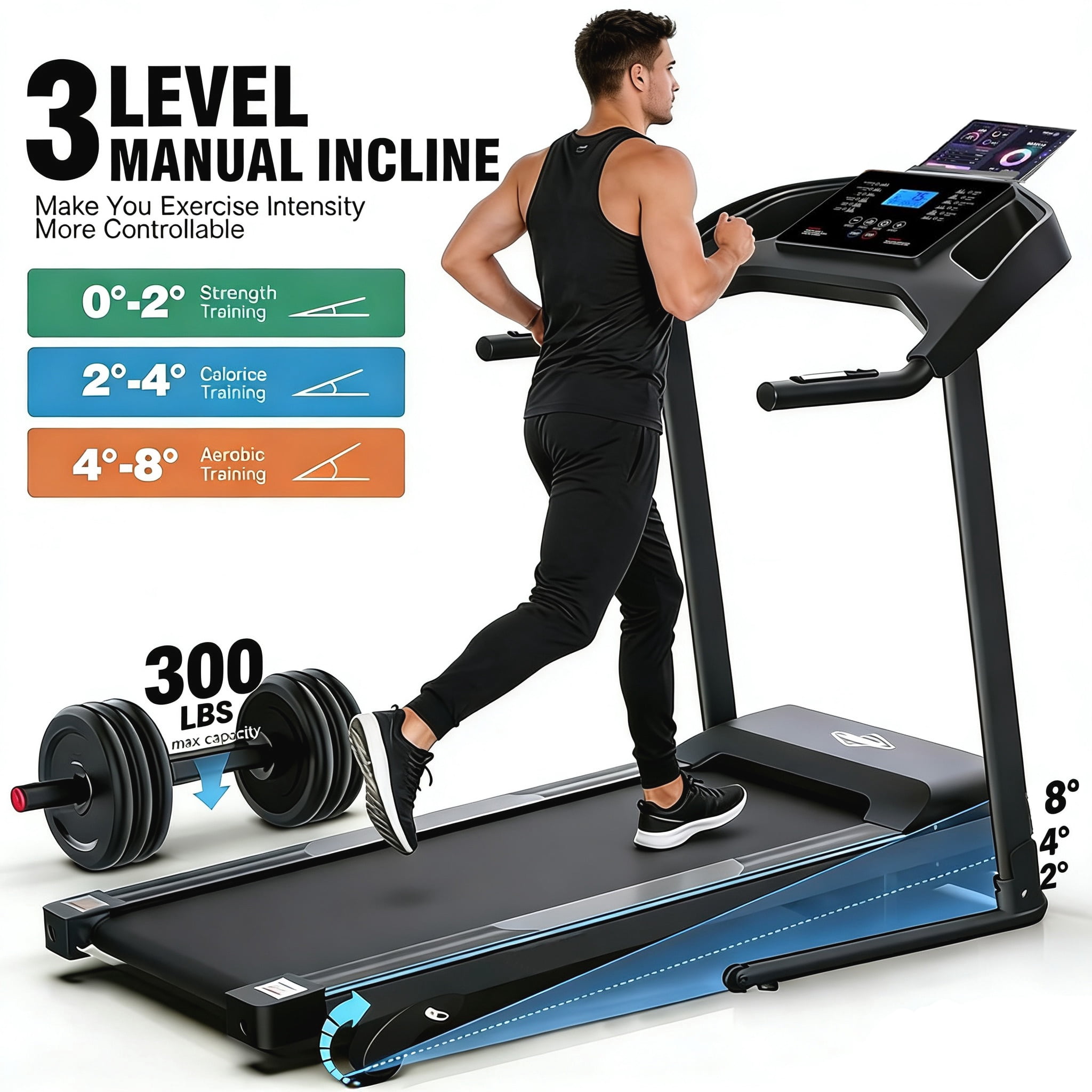 Portable Folding Treadmill with Adjustable Incline,3.0HP Running ...