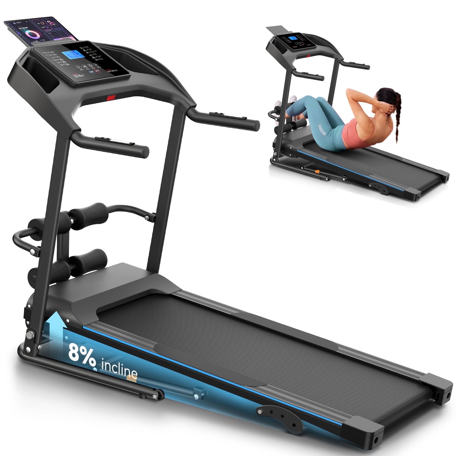 Treadmill with Incline, 3.0 HP Foldable Compact Treadmill with Sit-up ...