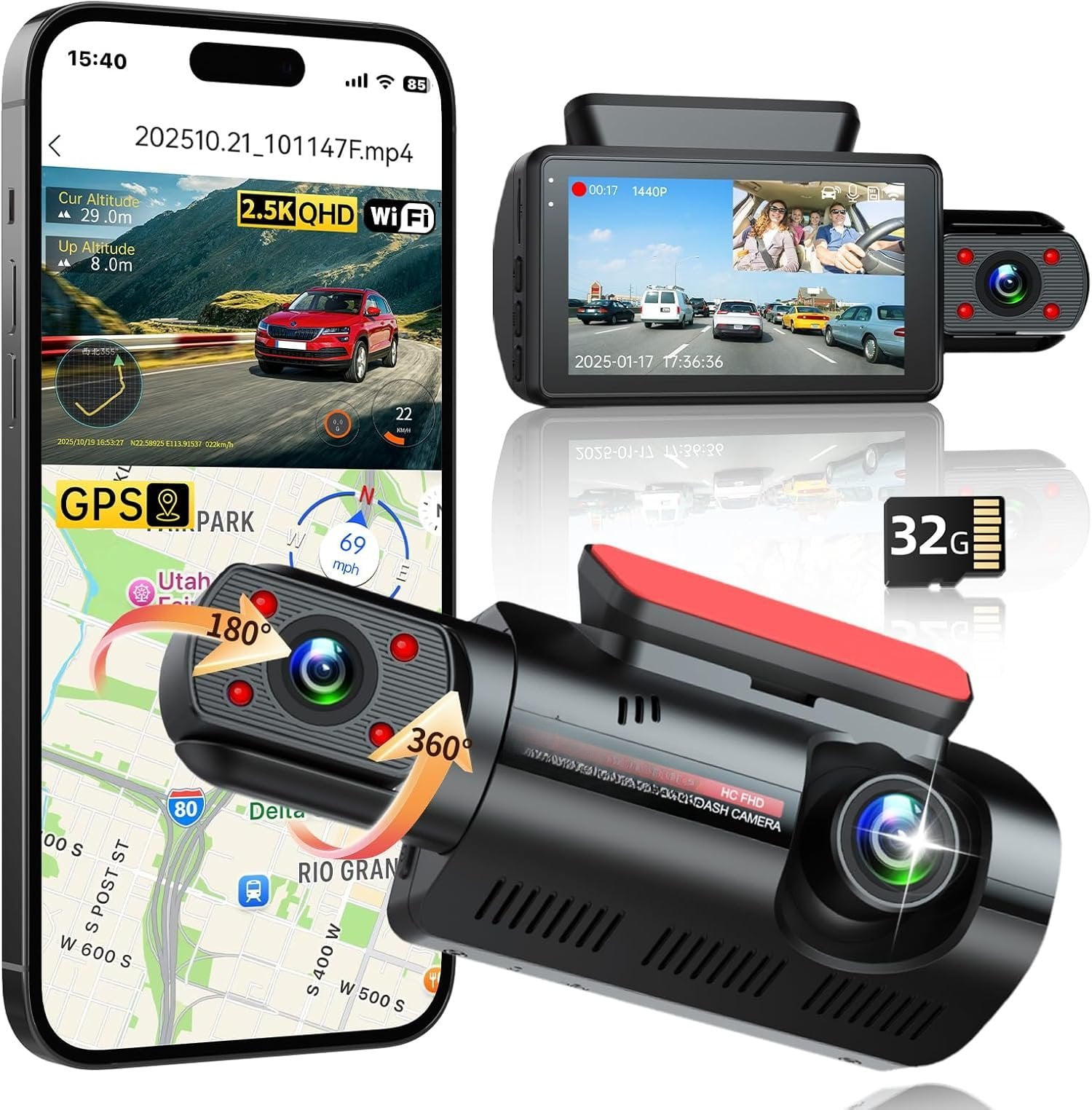 2.5K+1080P Dual Dash Cam Front and Inside, WiFi & GPS Dash Camera for ...