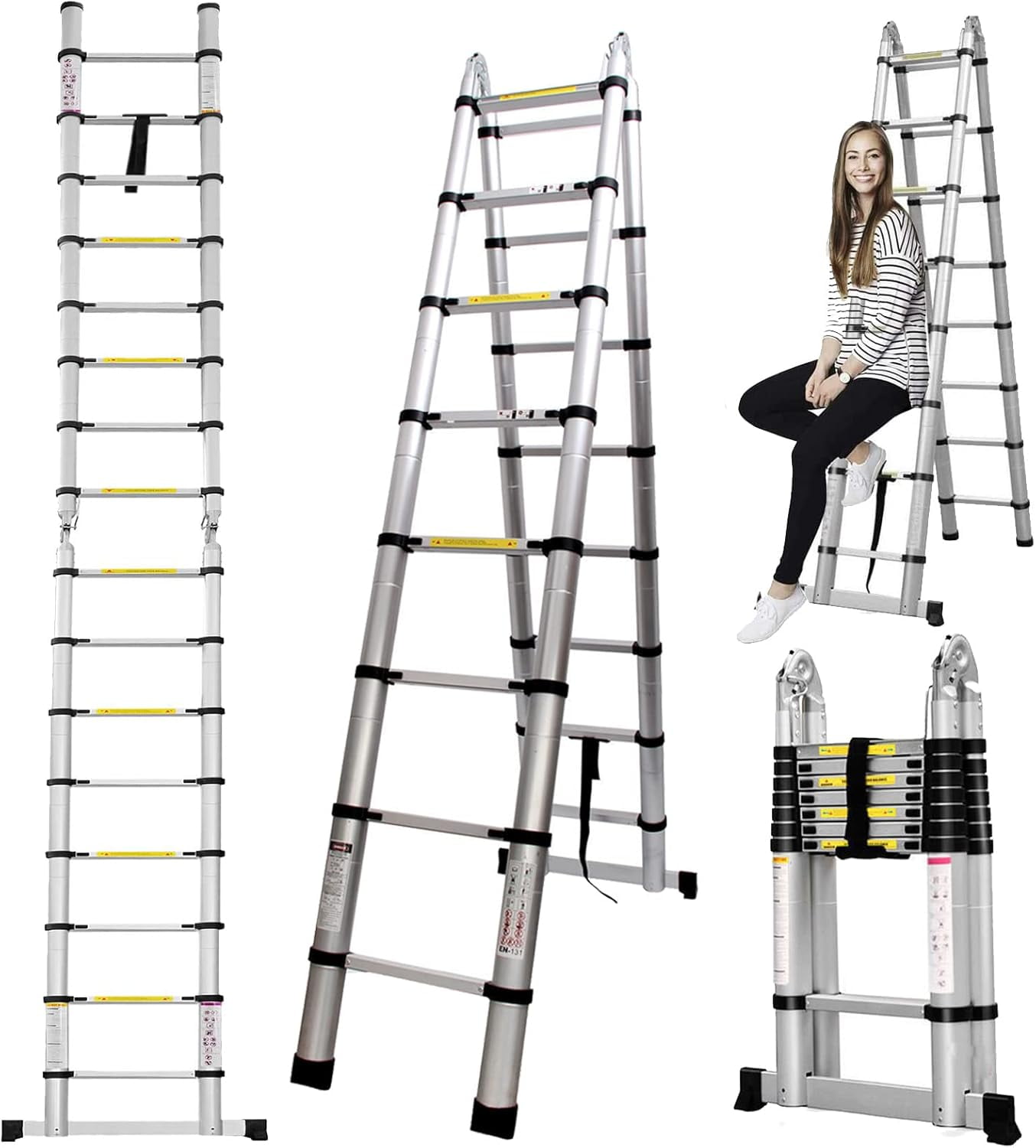 2.5M + 2.5M Telescoping A Frame Ladder for Home 16.5FT Compact Aluminum ...