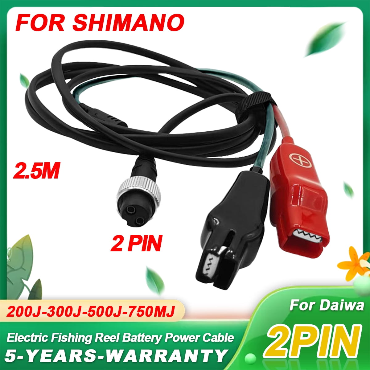 2.5M 2Pin Electric Fishing Reel Power Cord Cable Connectors For Daiwa ...
