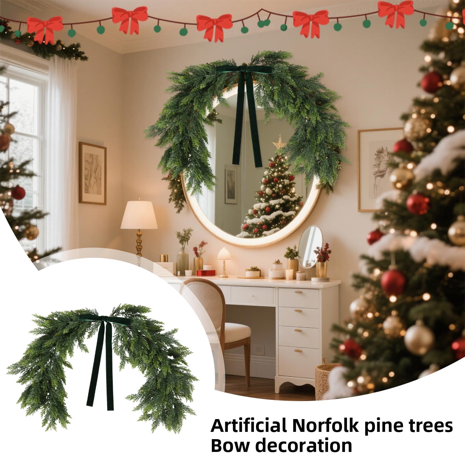 2.5ft Christmas Mirror Garland – Artificial Norfolk Pine Swag with ...