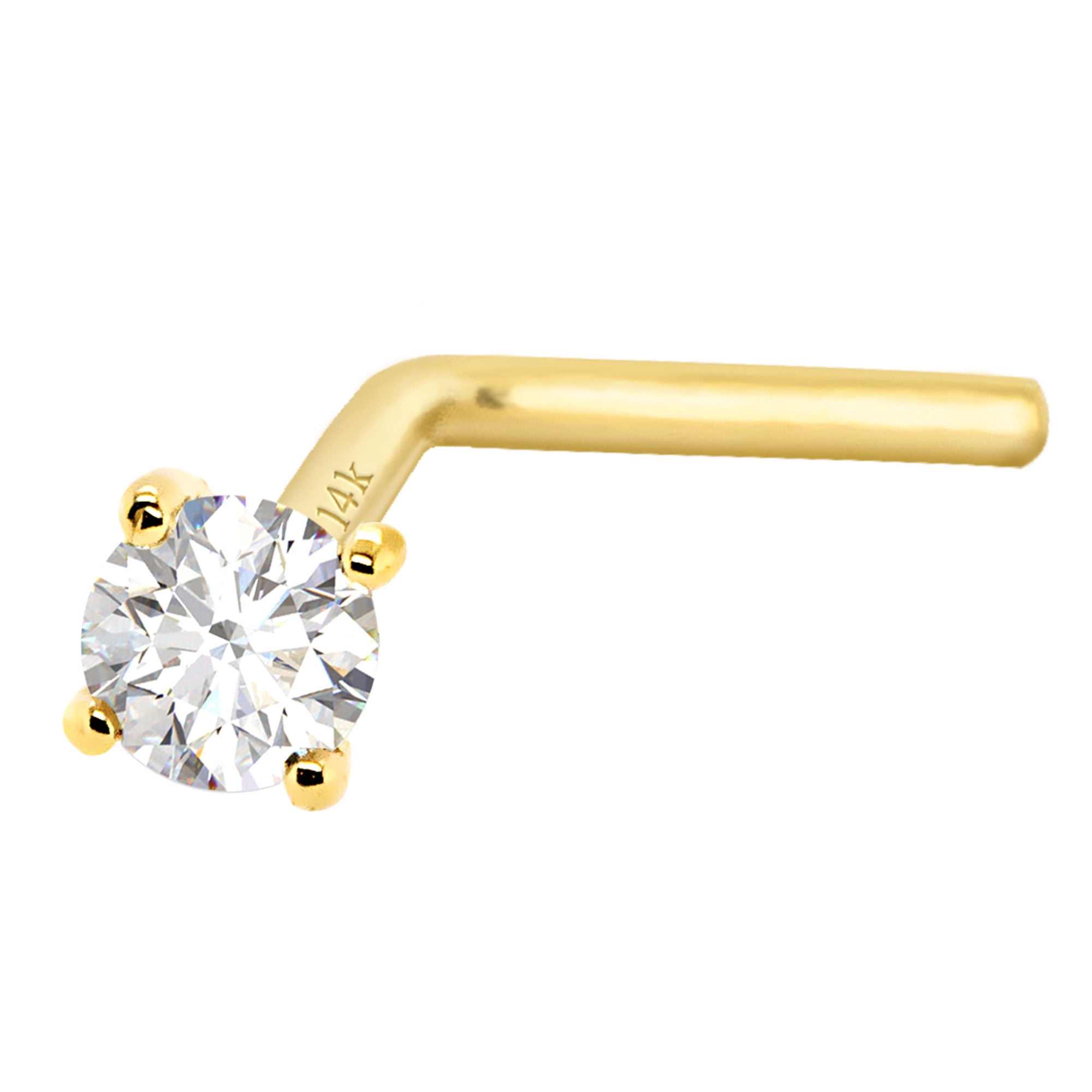2.5mm Diamond L-Shape Nose Stud 14K Yellow Gold 20G L-Bend Nose Ring ...