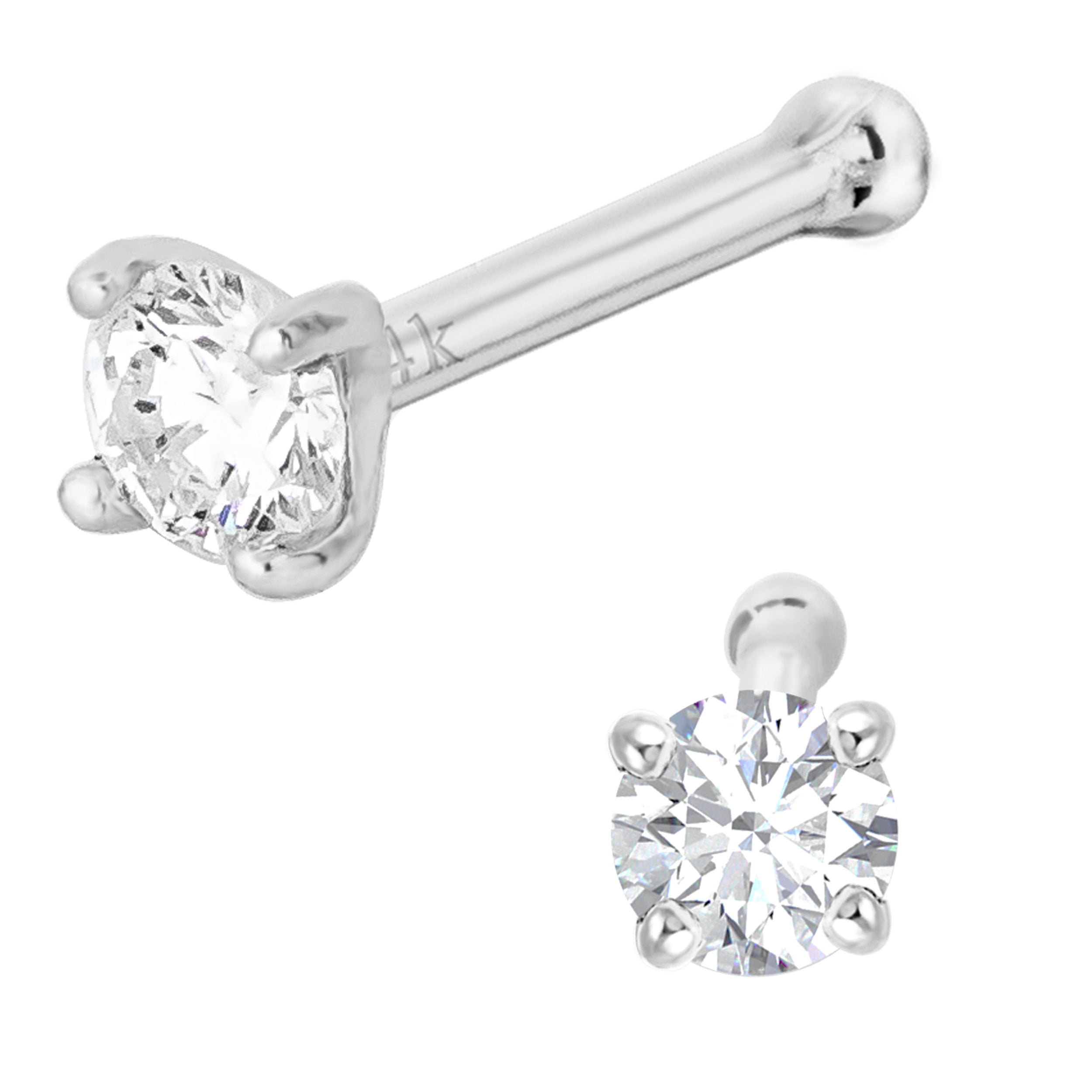2.5mm Diamond Nose Bone Nose Stud 14K White Gold 20G Nose Ring Stud ...