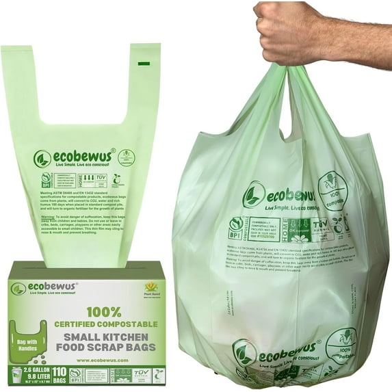 2.6 Gallon 100% Compostable Bags Handle Tie (110 Bags) Small Disposable ...