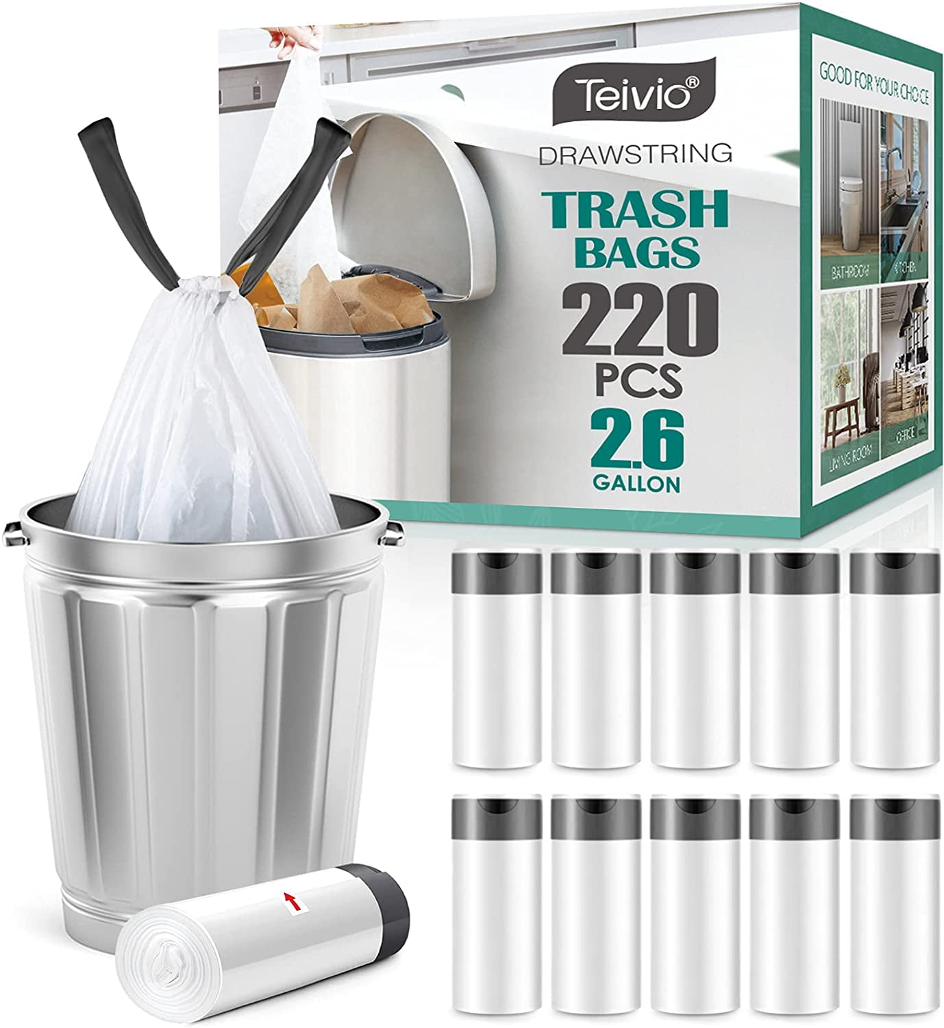 2.6 Gallon 220 Counts Strong Drawstring Trash Bags Garbage Bags by ...
