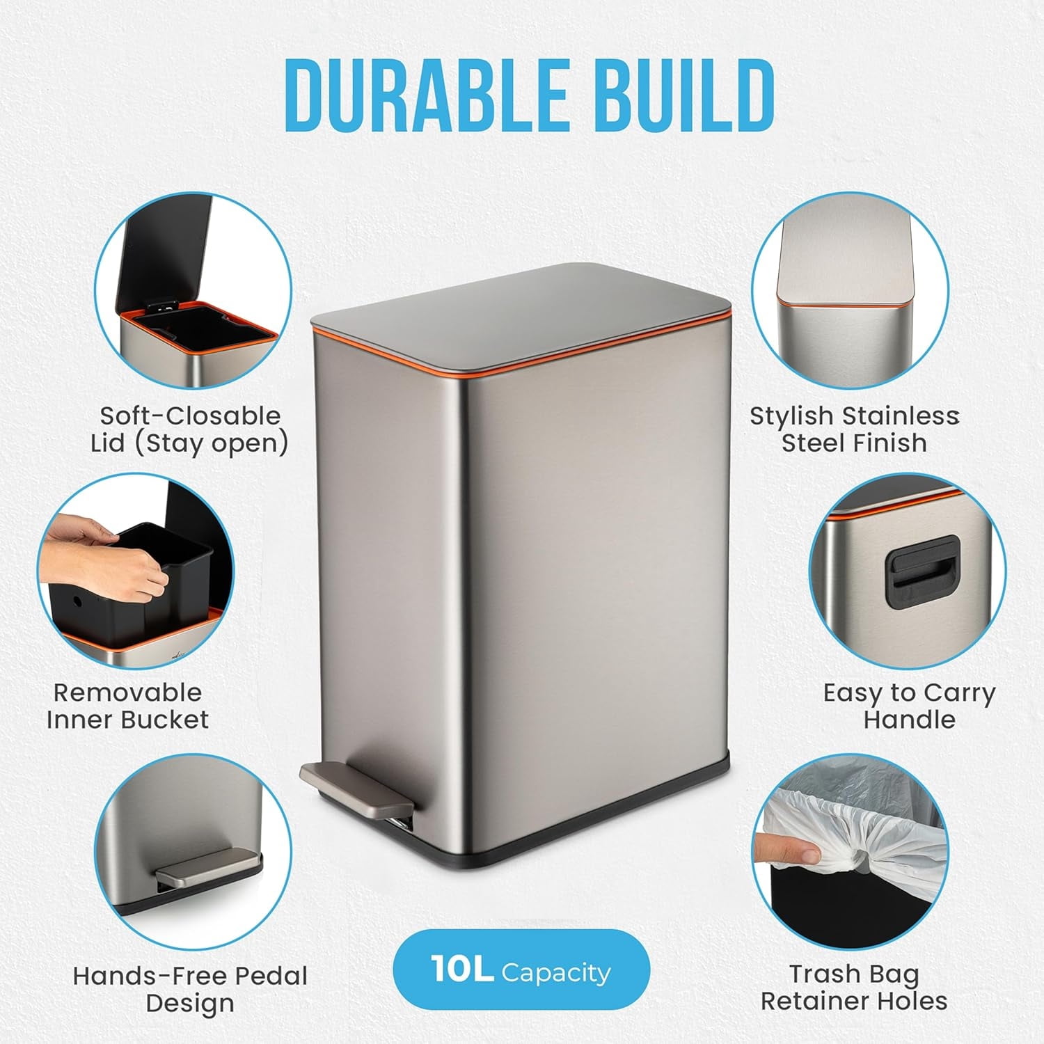 2.6 Gallon Metallic Gray Slim Stainless Steel Pedal Trash Can – Soft ...