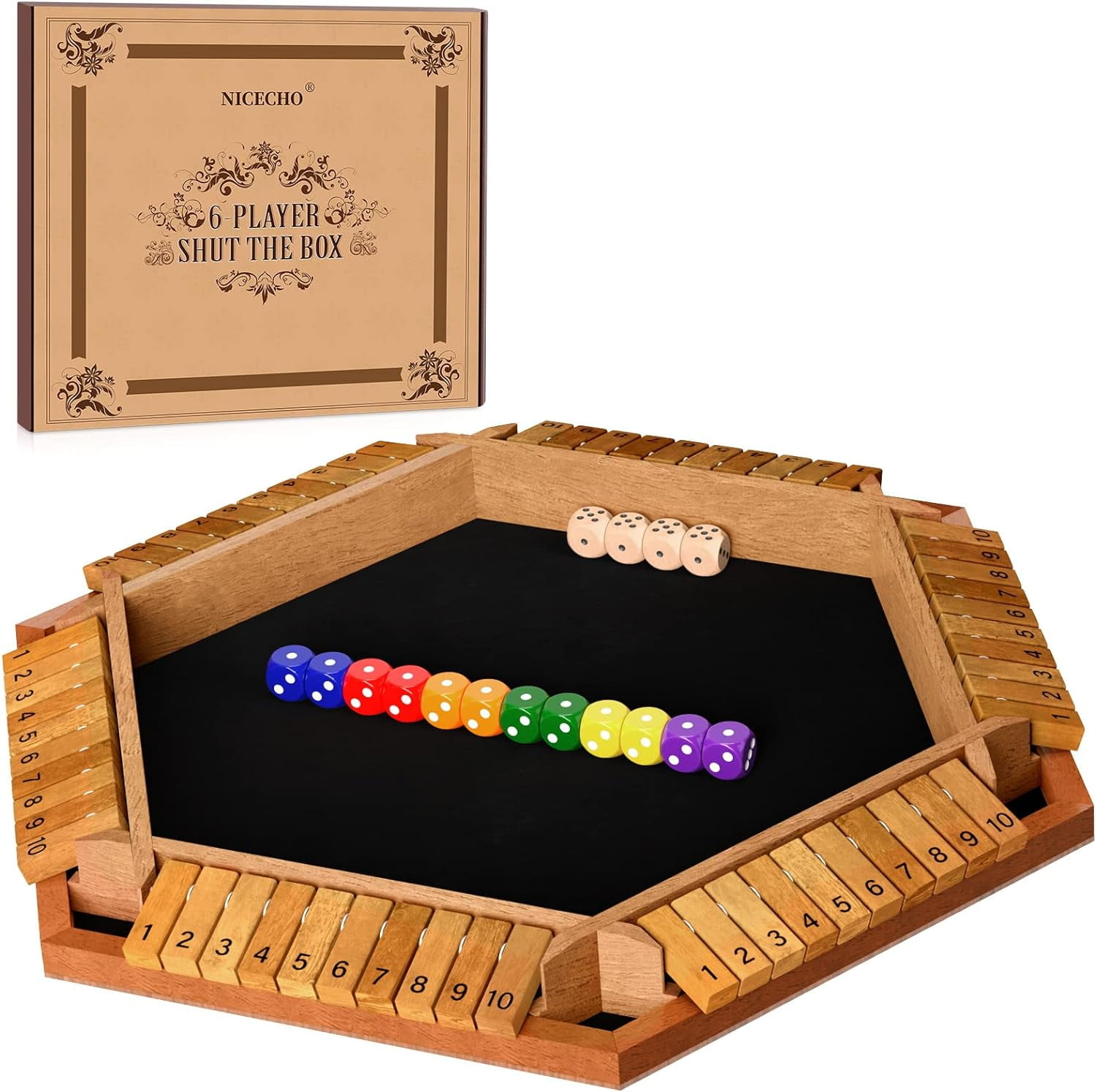 2-6 Players Shut The Box Dice Game, Wooden Board Table Math Game with ...