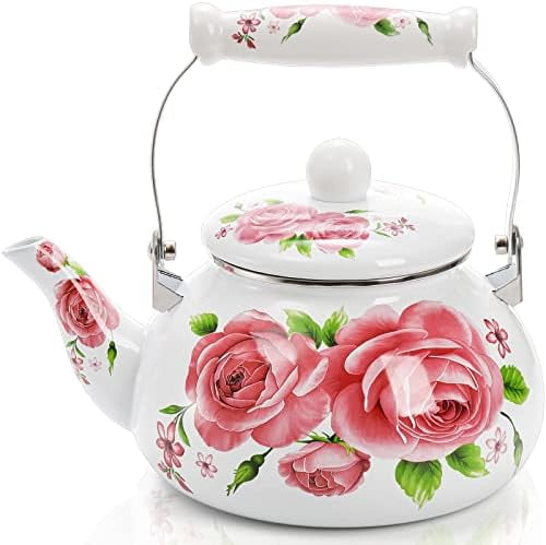2.6 Quart Enamel Tea Pot for Stovetop, Pink Vintage Tea Kettle with ...