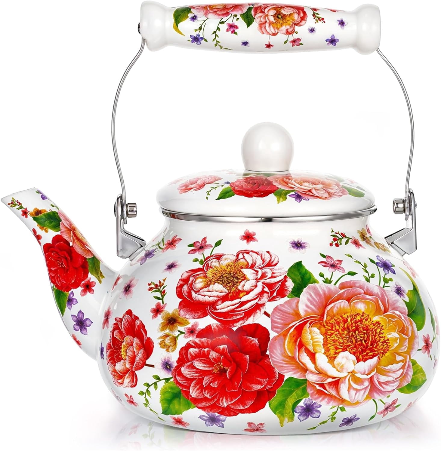 2.6 Quart Floral Enamel Tea Kettle, Vintage Enameled Teapot Stovetop ...